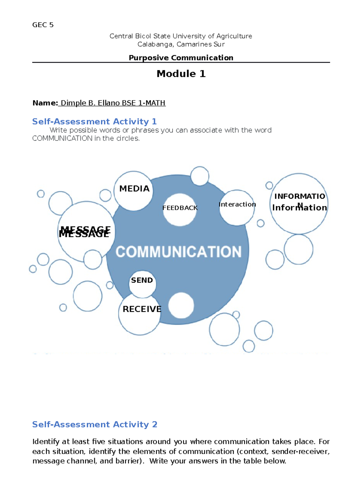 Module 1 purposive comm - Central Bicol State University of Agriculture Calabanga, Camarines Sur ...