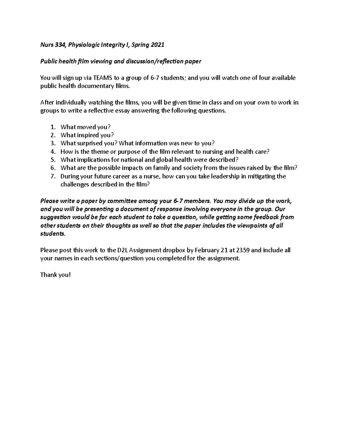 Film reflection paper guidelines - Nurs 334, Physiologic Integrity I ...