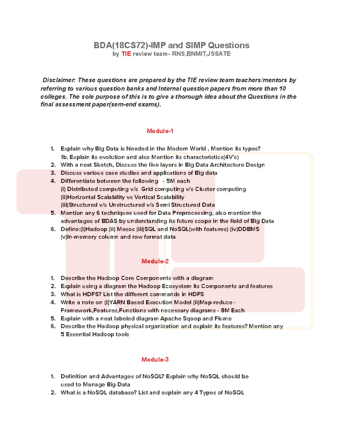 7th SEM BDA-SIMP 2023 - TIEvb - BDA(18CS72)-IMP and SIMP Questions by TIE review team- - Studocu
