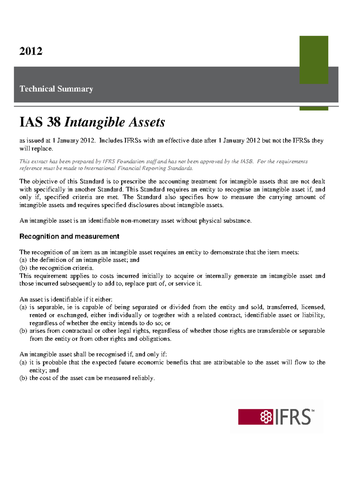 IAS 38 - Excercises - 2012 Technical Summary IAS 38 Intangible Assets ...