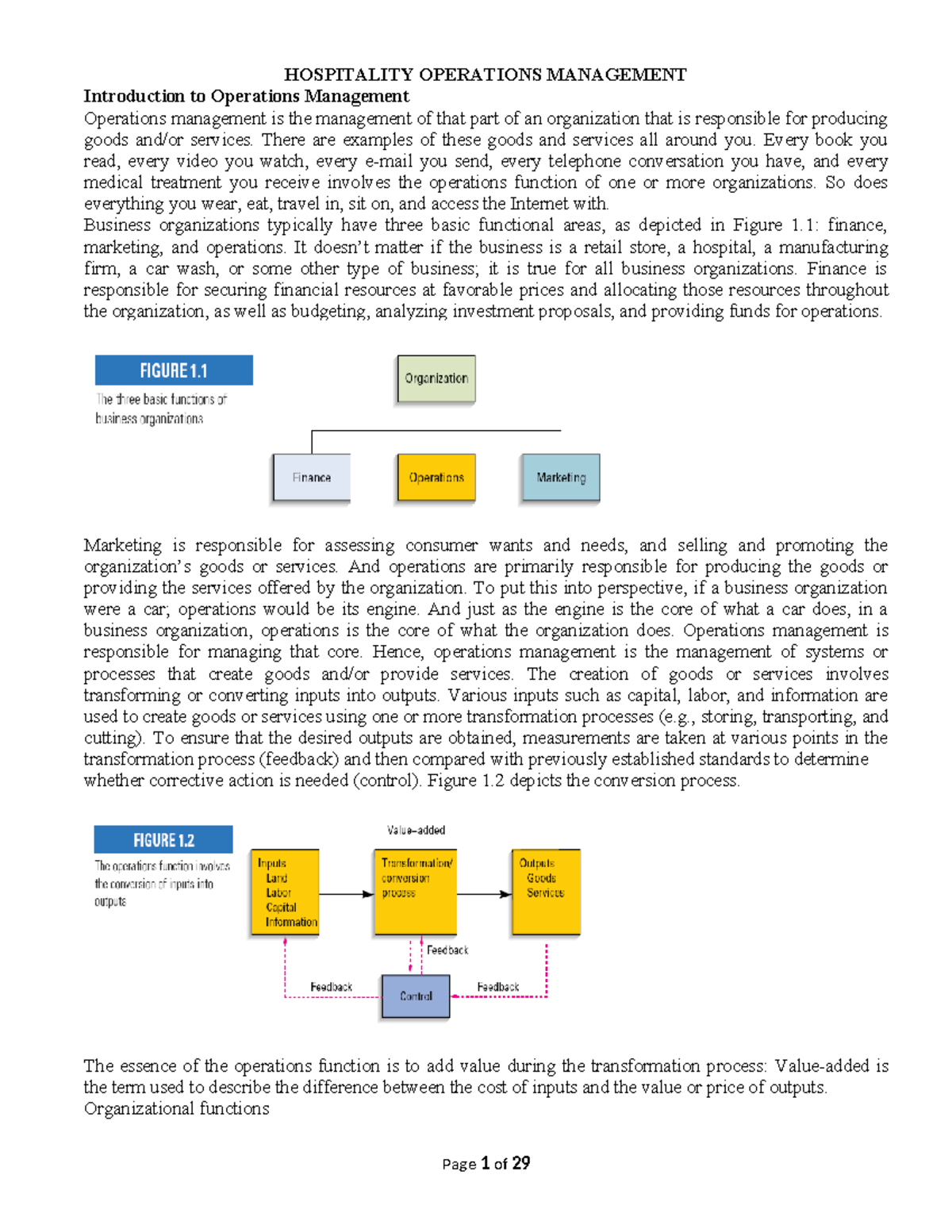 Hospitality operations management notes - HOSPITALITY OPERATIONS ...