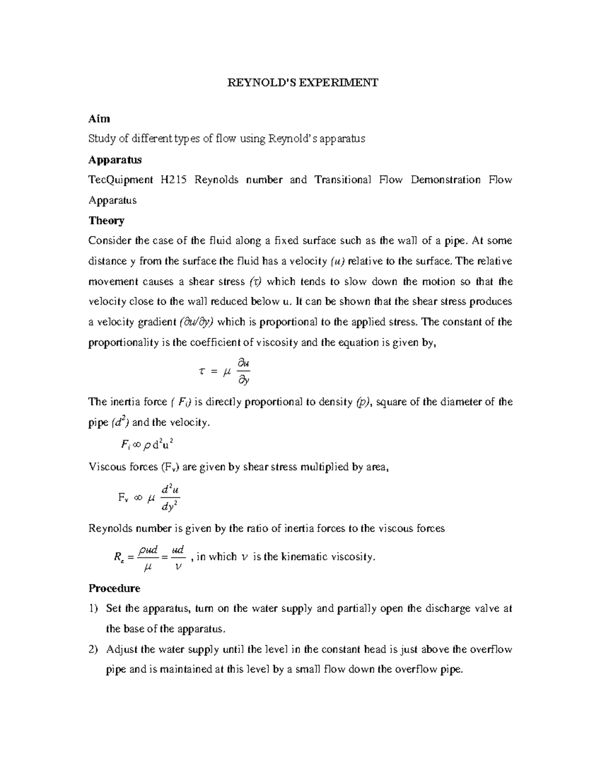 Reynold's Experiment - 24 Experiment No. 08 FLOW ANALYSIS USING REYNOLD ...