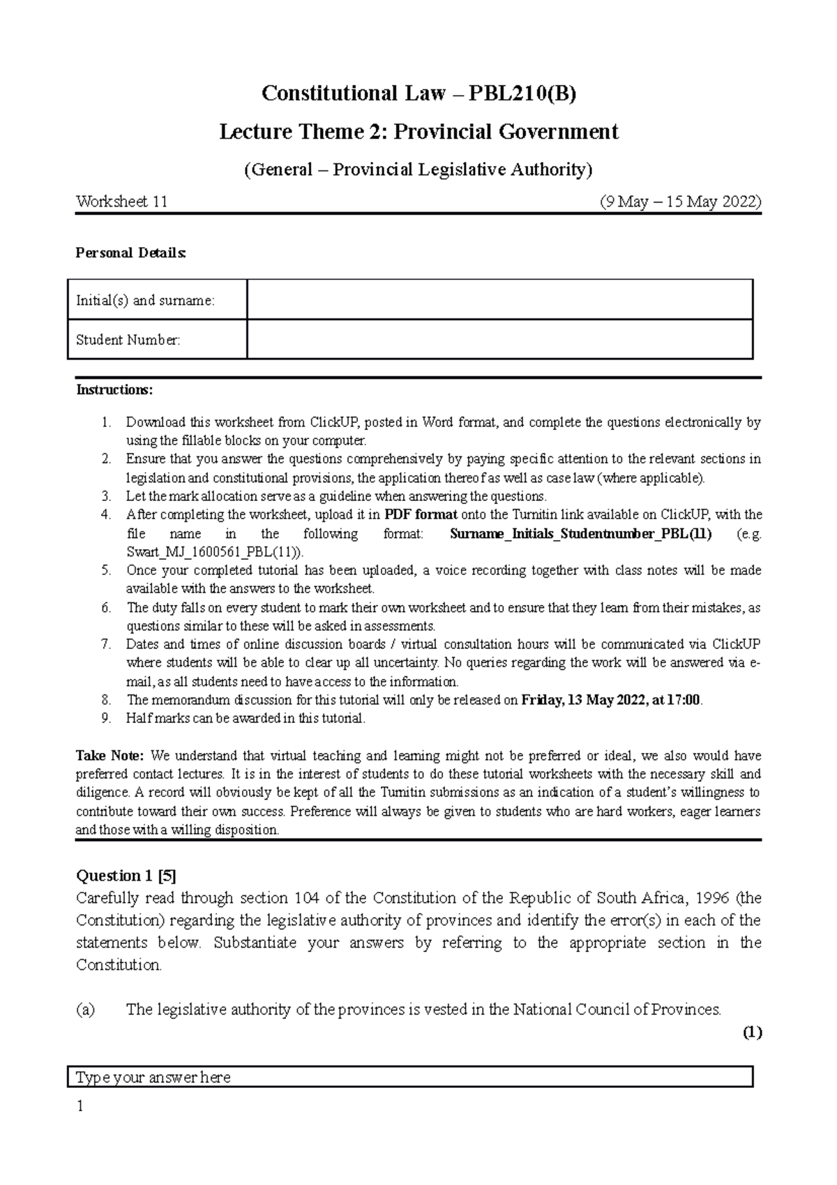 Worksheet 11 - Click UP - Constitutional Law – PBL210(B) Lecture Theme ...
