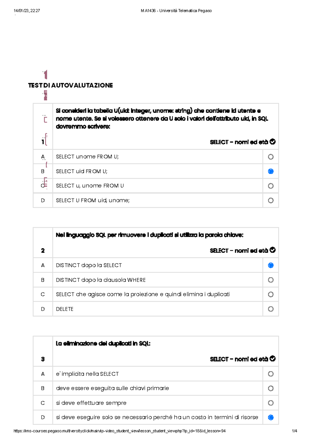 TEST Interrogazioni SQL - TEST DI AUTOVALUTAZIONE 1 Si consideri la ...