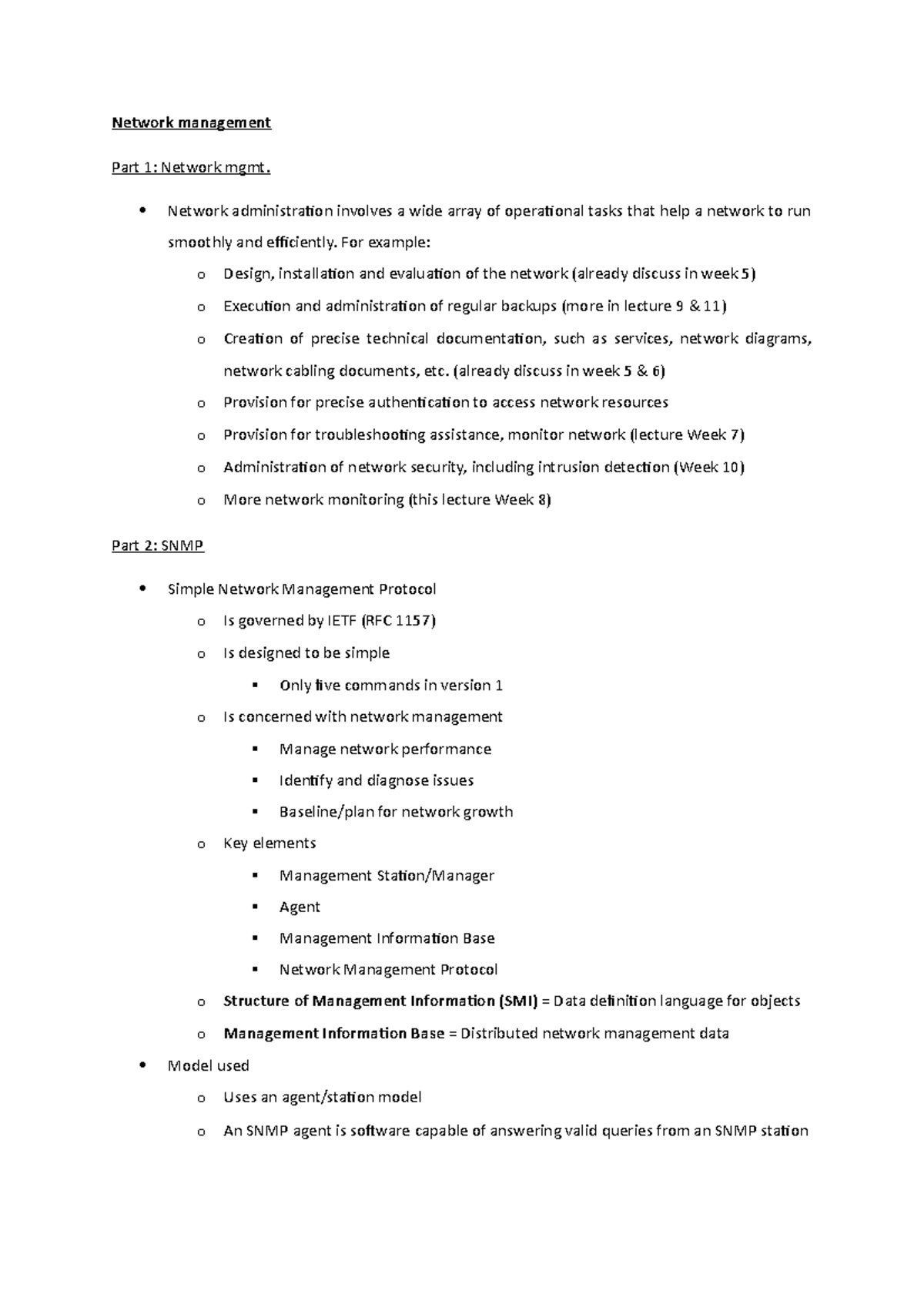 Lecture 8 - Network management SNMP - Network management Part 1: Network mgmt. Network - Studocu