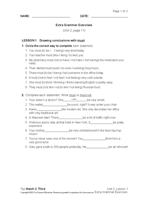 Unit 02 Extra Grammar Exercises- Answers - NAME: DATE: Top Notch 2, Third Edition Unit 2, Lesson ...