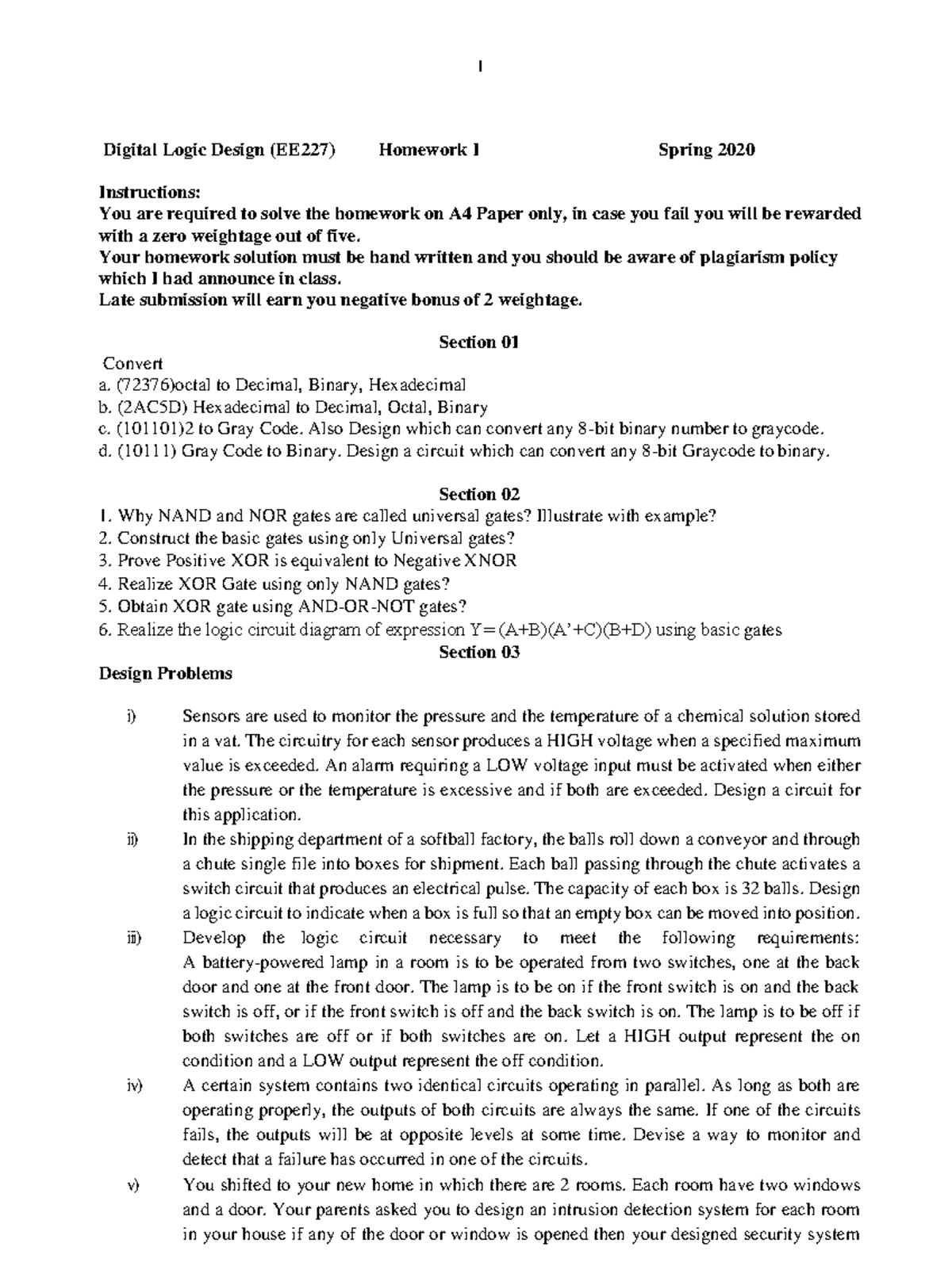 Homework 01-Spring 2020 - 1 Digital Logic Design (EE227) Homework I ...