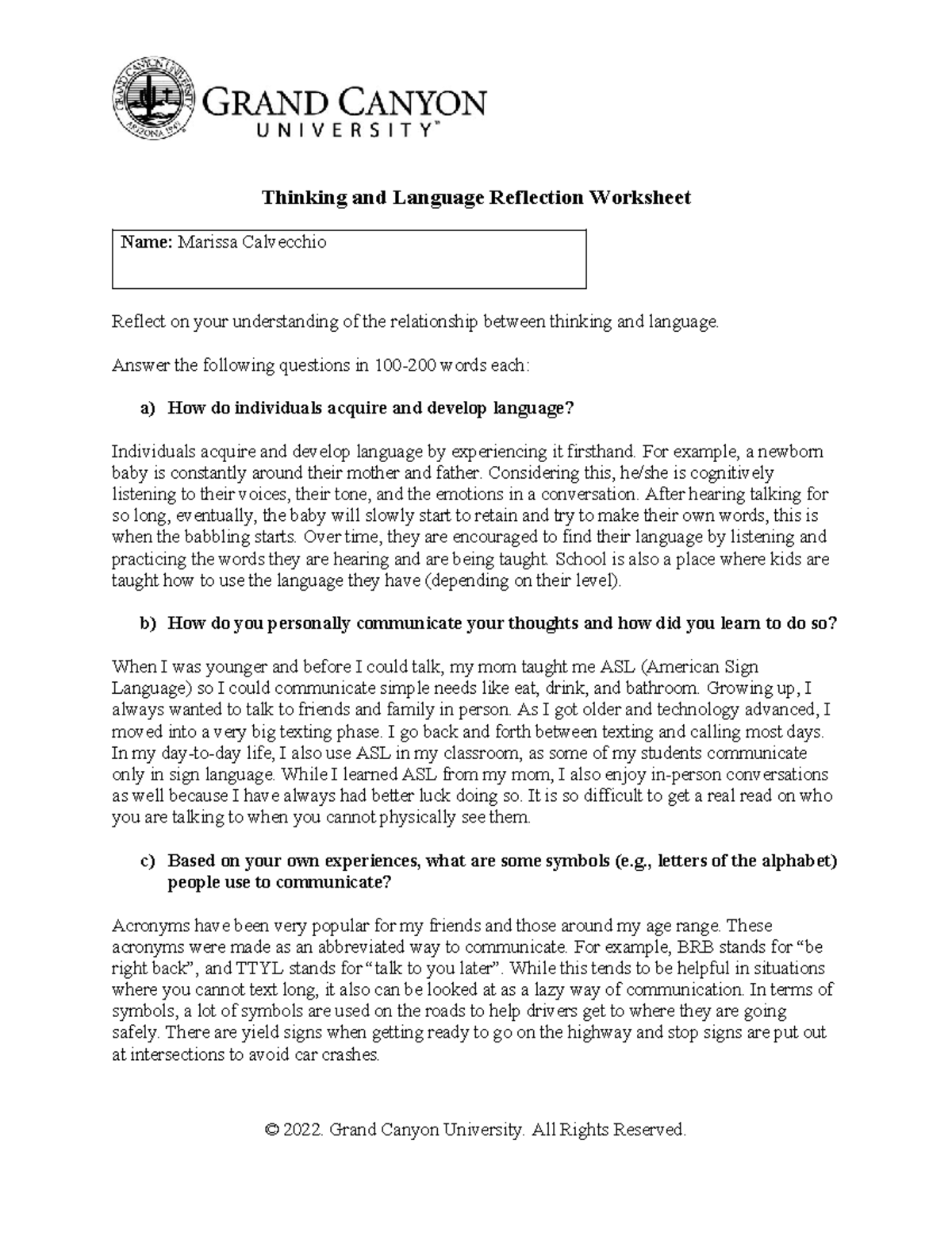 PHI105 - Thinking and language reflection worksheet - Thinking and ...