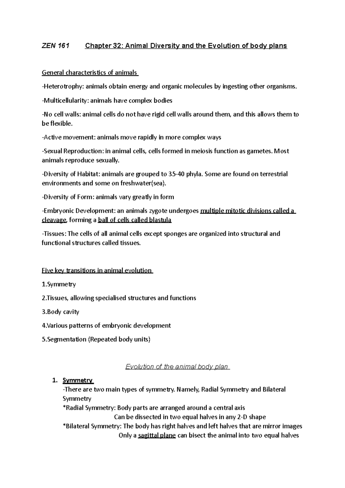 ZEN 161 Chapter 32+33 - ... - ZEN 161 Chapter 32: Animal Diversity and ...