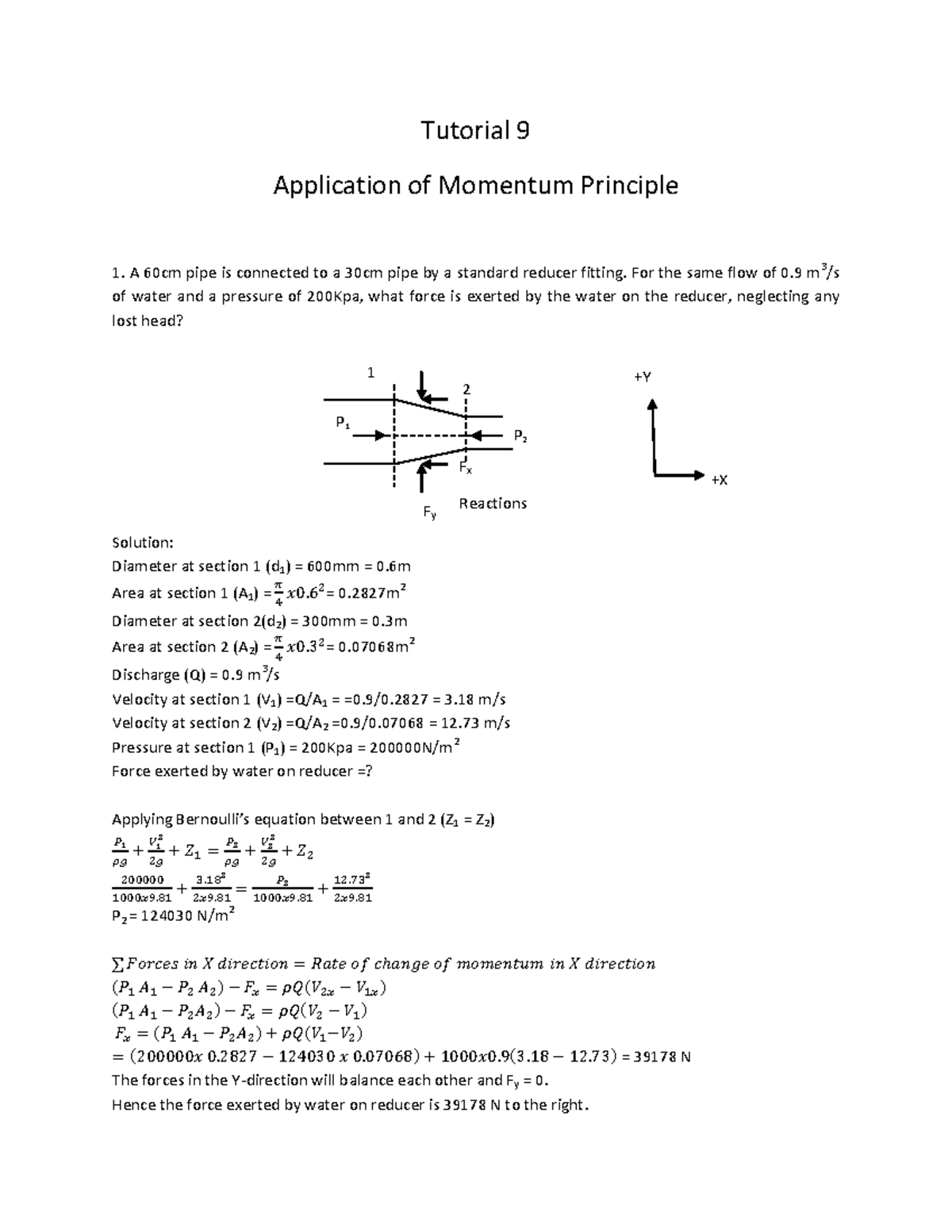 9 momentum-principle tutorial-solution - Tutorial 9 Application of ...