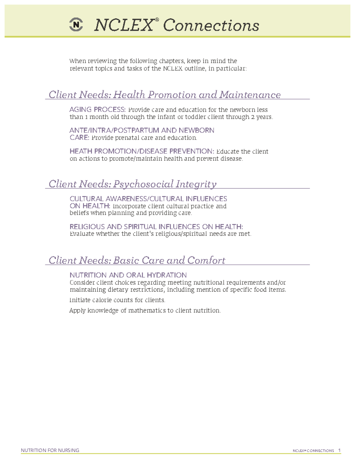 NURSING NUTRITION3 - NUTRITION FOR NURSING NCLEX® CONNECTIONS 1 NCLEX ...