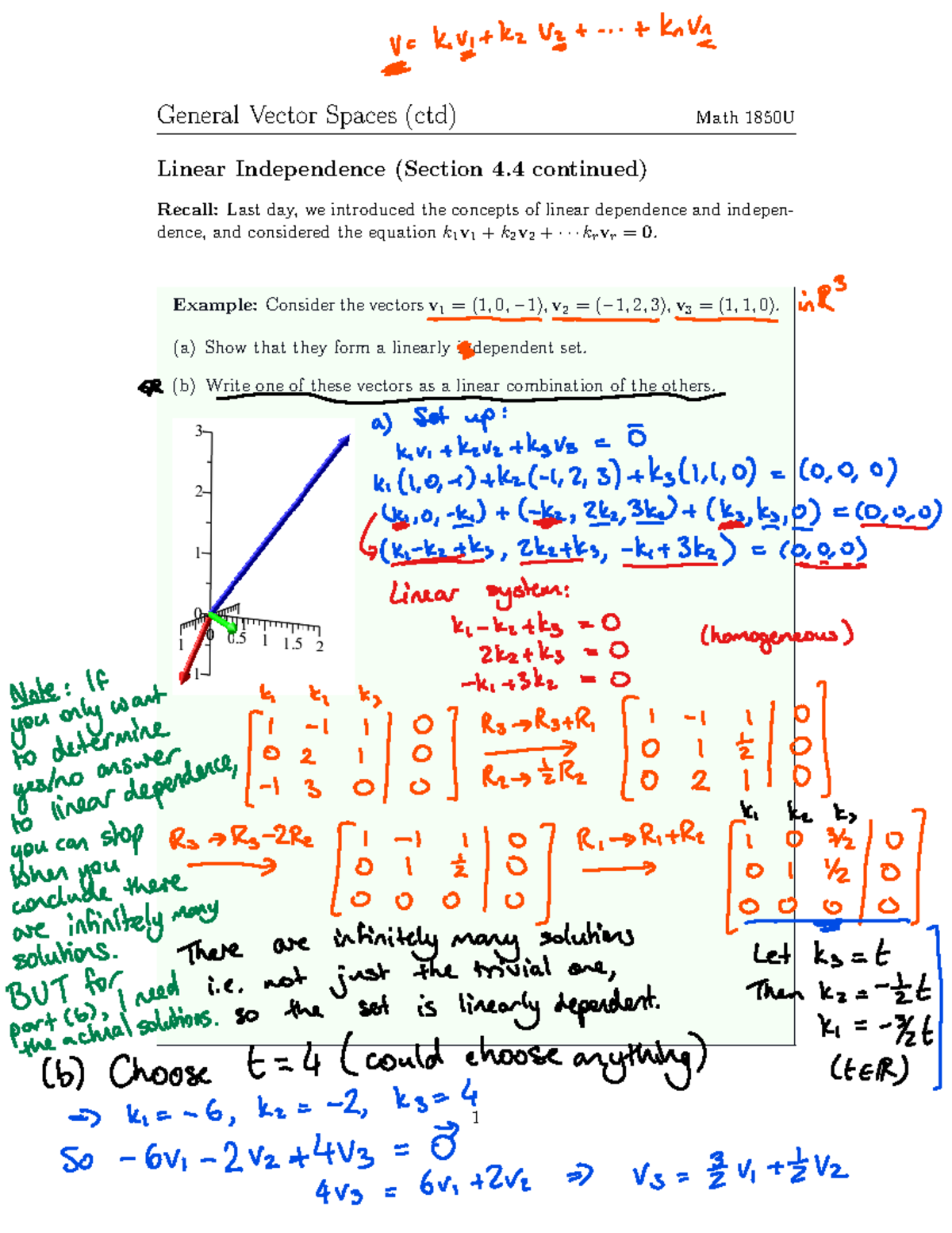 1850 Lecture 13 filled - General Vector Spaces (ctd) Math 1850U Linear Independence (Section 4 ...