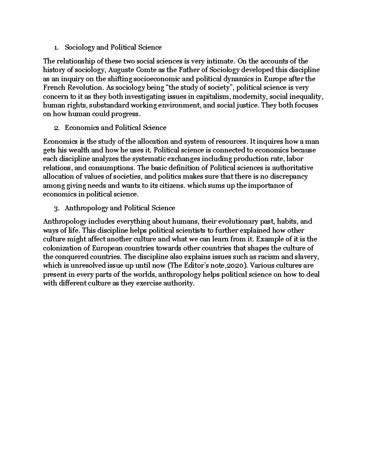 Relationship of Political Science to other field of studies - AB ...