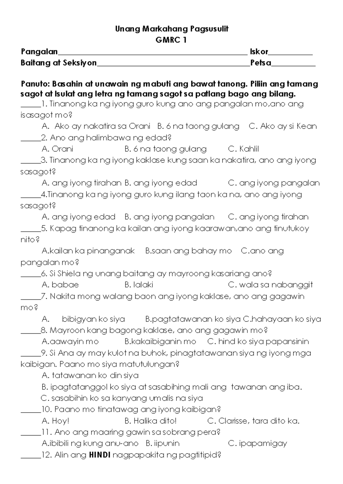 Periodical TEST GMRC Matatag - Unang Markahang Pagsusulit GMRC 1 - Studocu