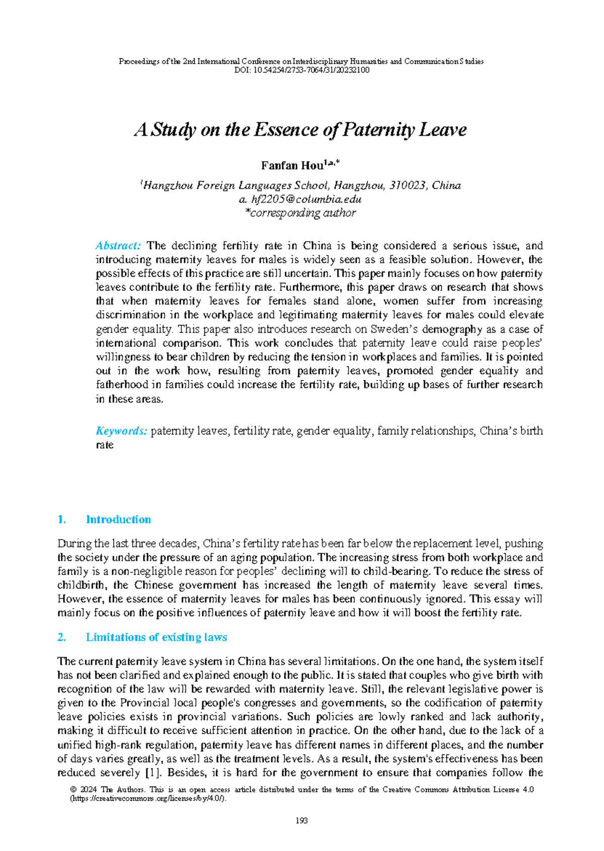 A Study on the Essence of Paternity Leave - hf2205@columbia ...