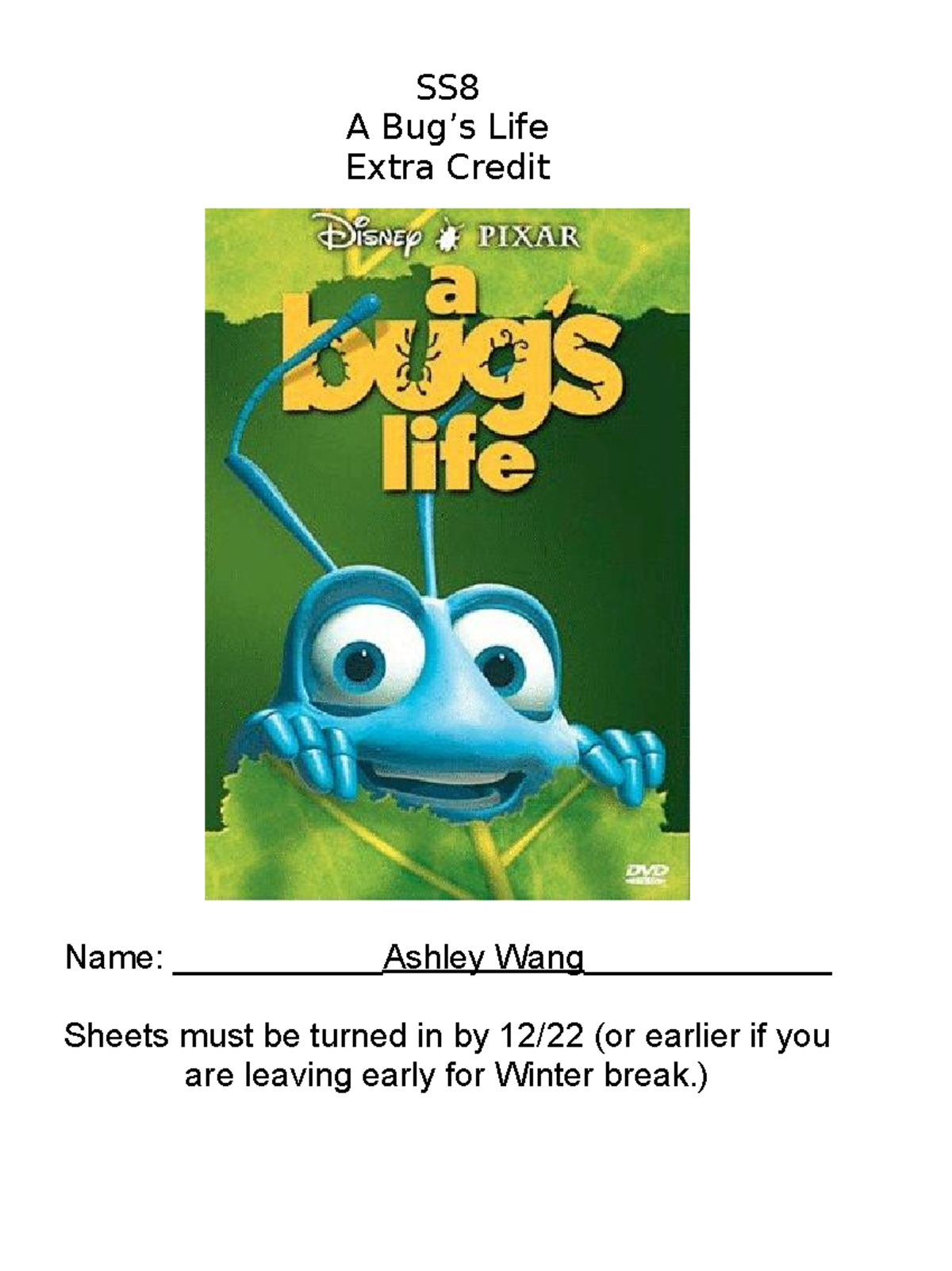 A Bugs Life Extra Credit Assignment - SS A Bug’s Life Extra Credit Name ...