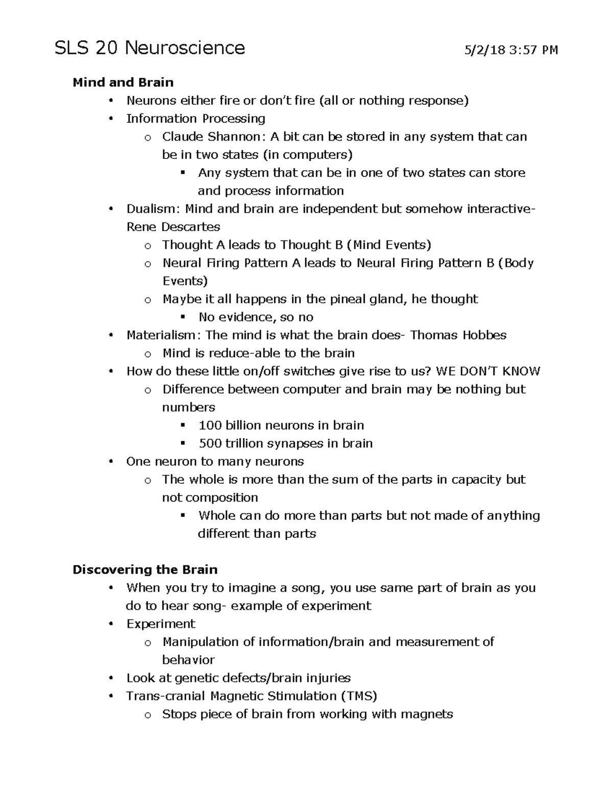 Neuroscience Lecture - SLS 20 Neuroscience 5/2/18 3:57 PM Mind and ...