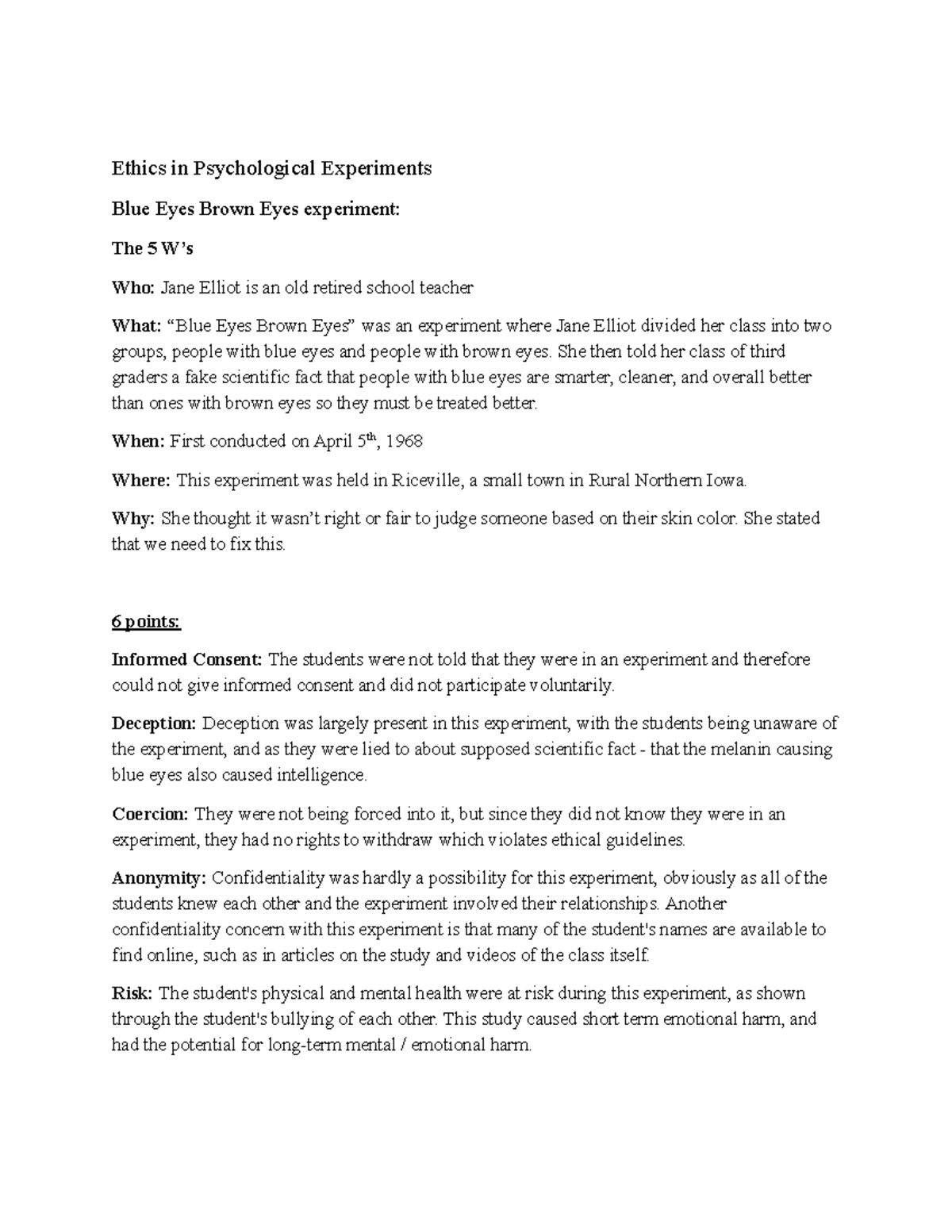 Blue Eyes Brown Eyes Experiment ethics - Ethics in Psychological ...
