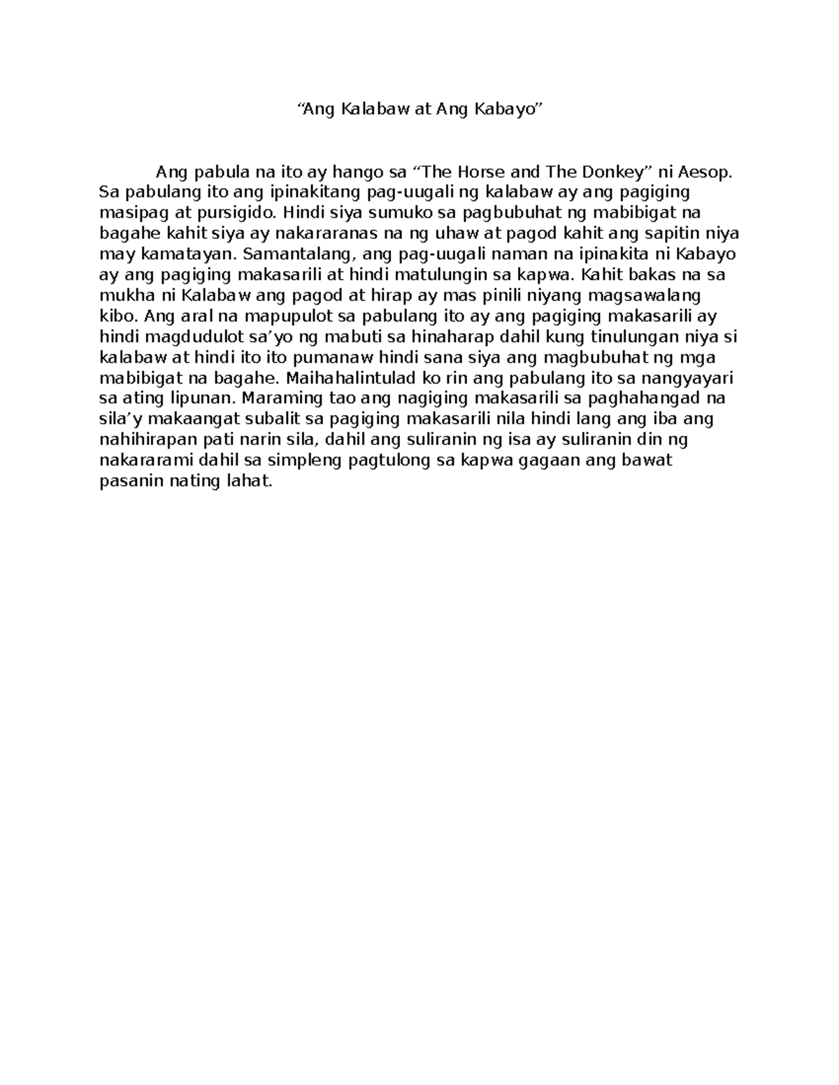 Ang Kalabaw at Ang Kabayo - “Ang Kalabaw at Ang Kabayo” Ang pabula na ...