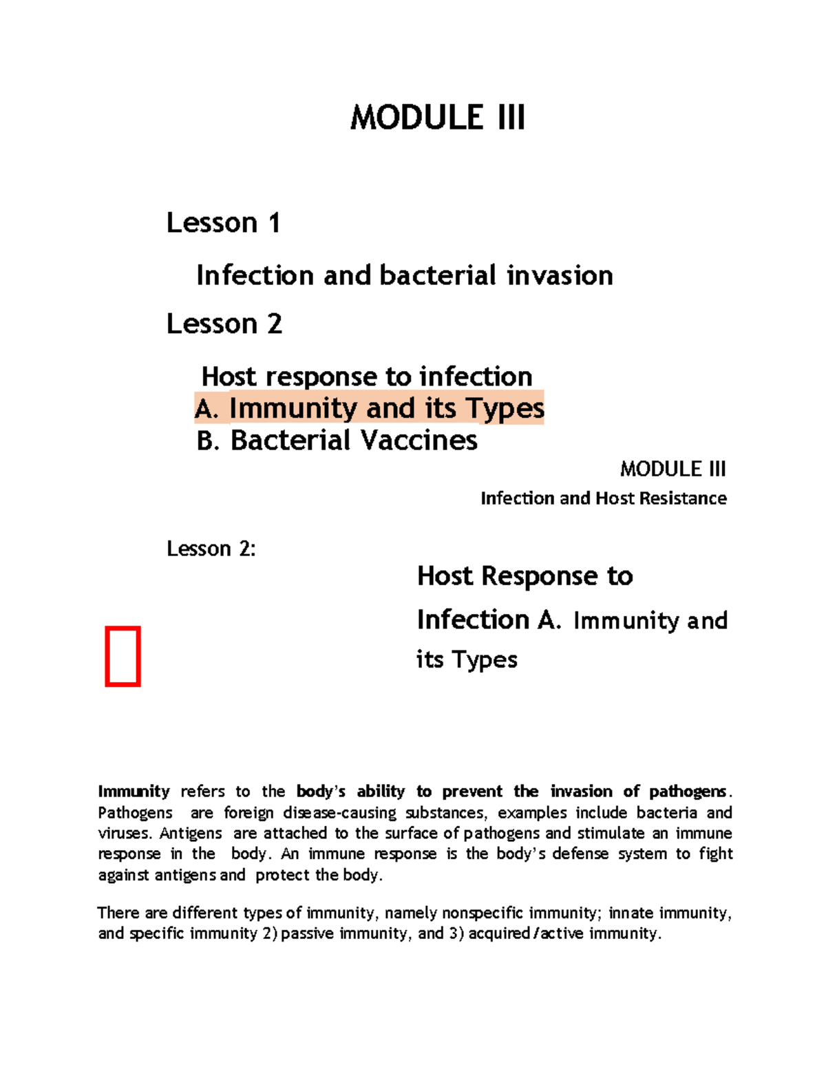 Module III L2 A Immunity - MODULE III Lesson 1 Infection and bacterial ...