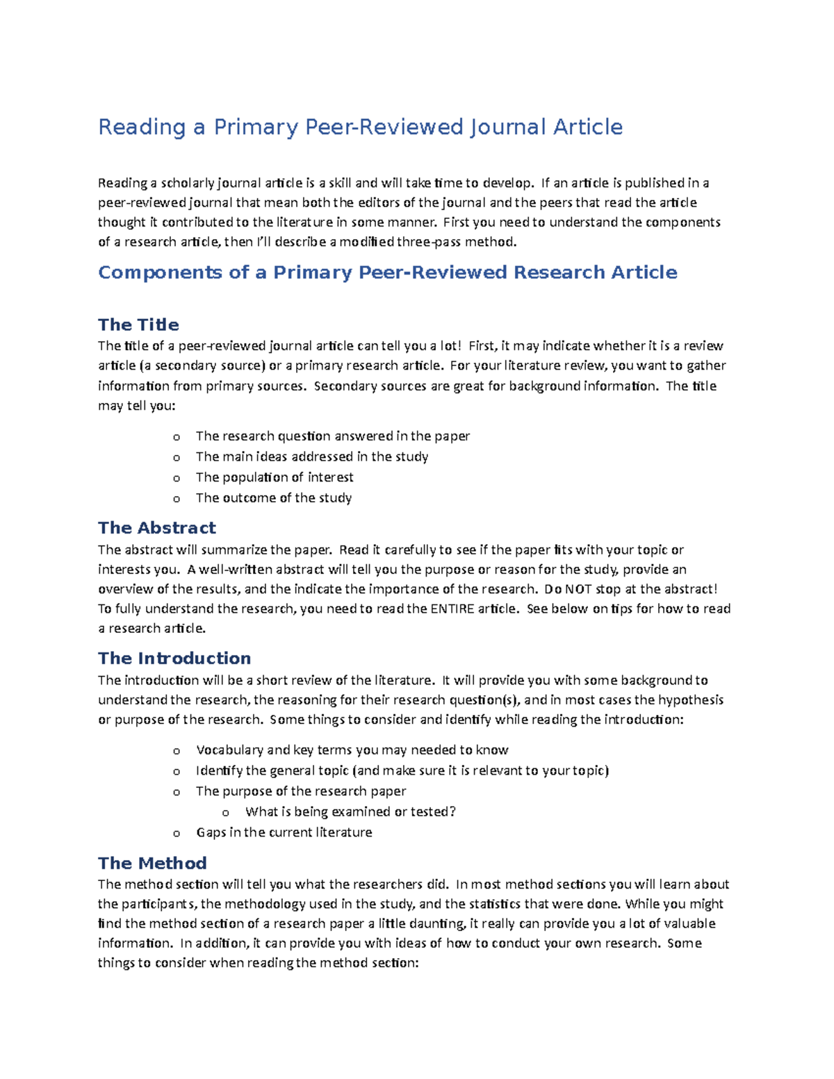 Reading a Primary Peer-Reviewed Article - Reading a Primary Peer ...