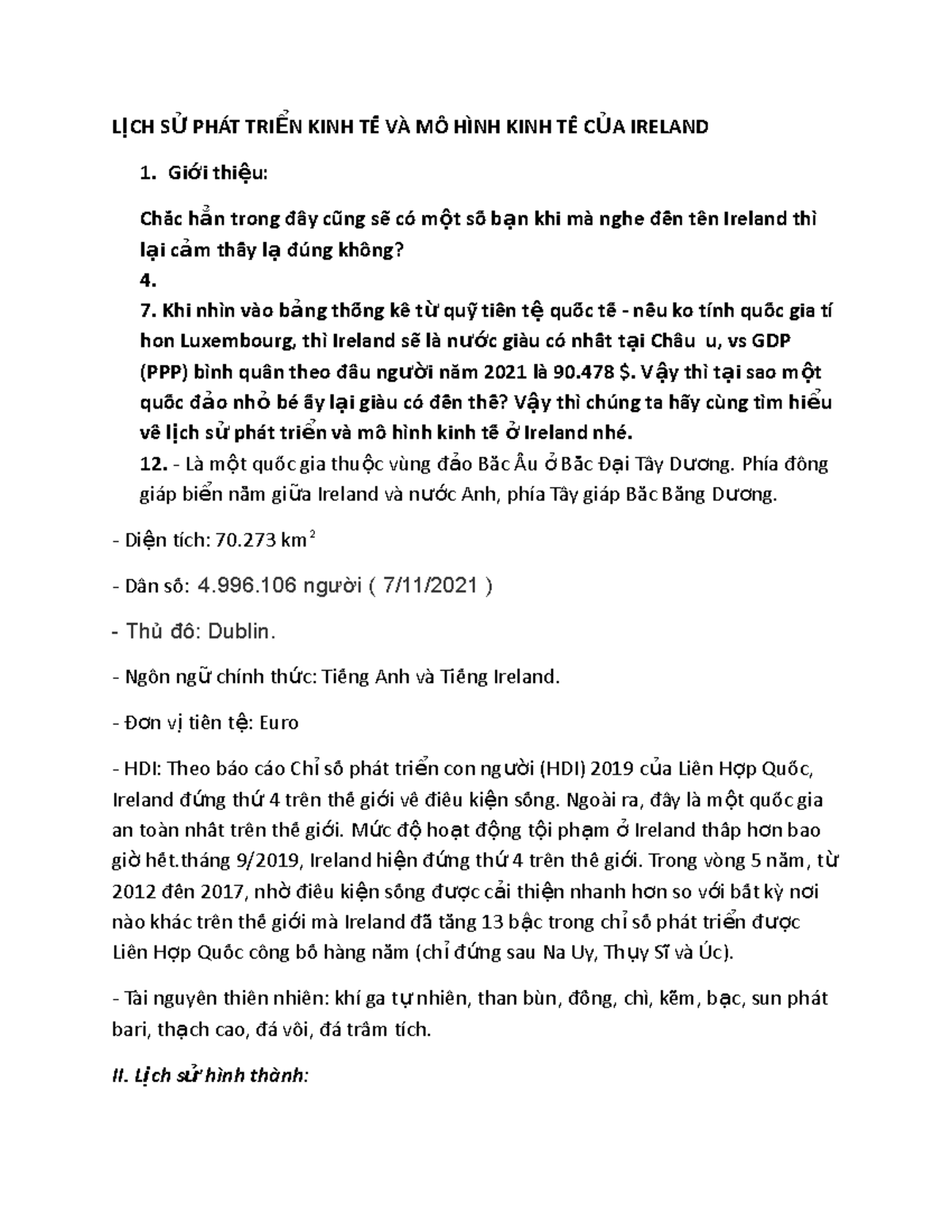 LỊCH SỬ PHÁT TRIỂN KINH TẾ VÀ MÔ HÌNH KINH TẾ CỦA Ireland - L CH SỊ Ử PHÁT TRI ỂN KINH TẾẾ VÀ MÔ ...