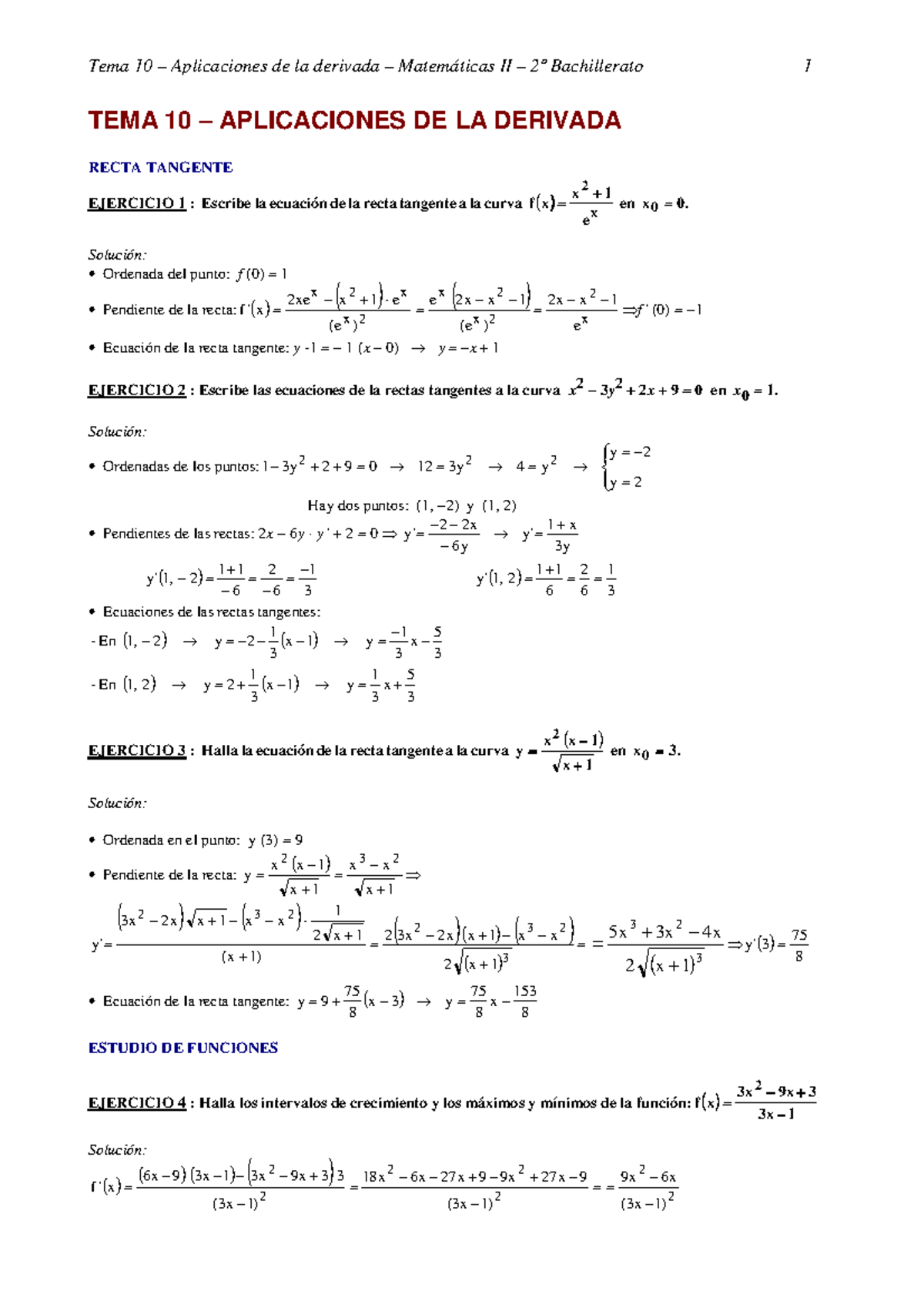 2bct-10-aplicacionesdelasderivadas-ejercicios resueltos - TEMA 10 – APLICACIONES DE LA DERIVADA ...