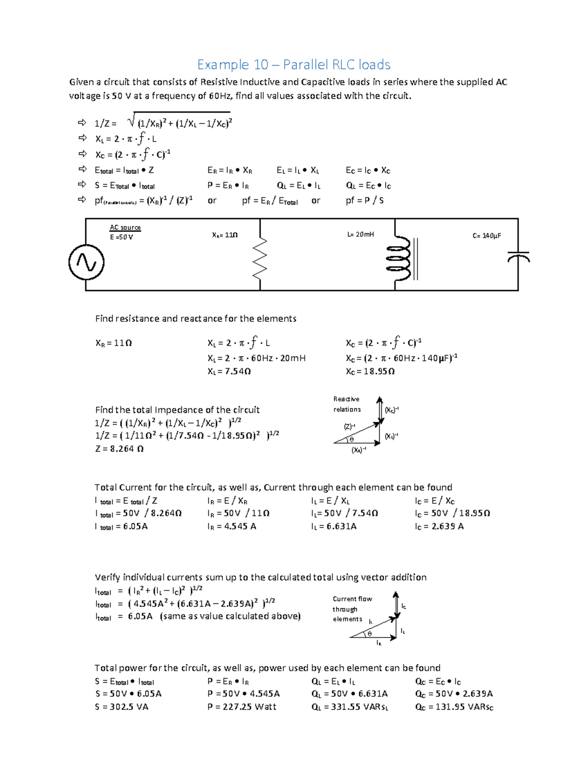 Week 1 Example 10 – Parallel RLC loads - Example 10 – Parallel RLC ...