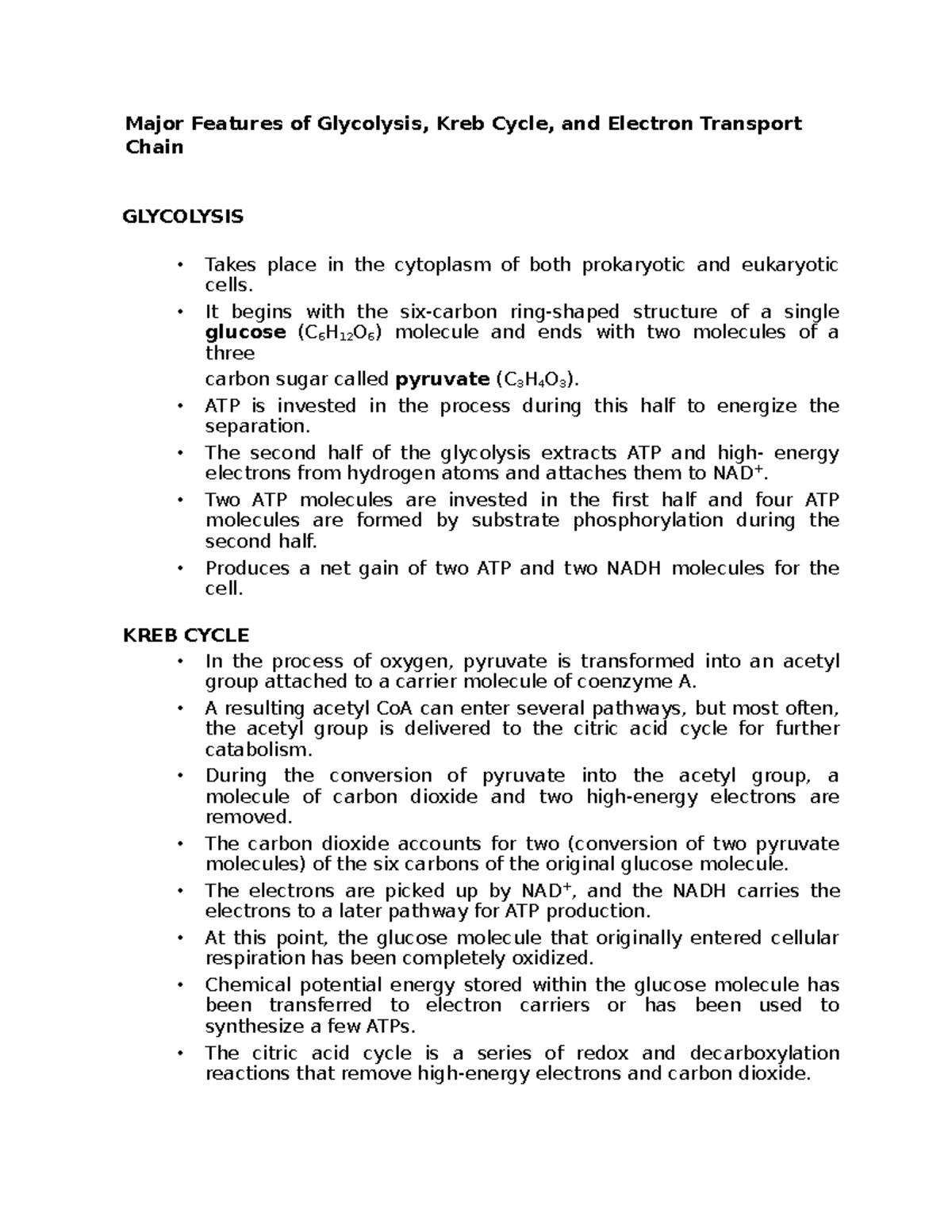 Glycolysis, Krebs Cycle and Electron Transport Chain-Activity - Major ...