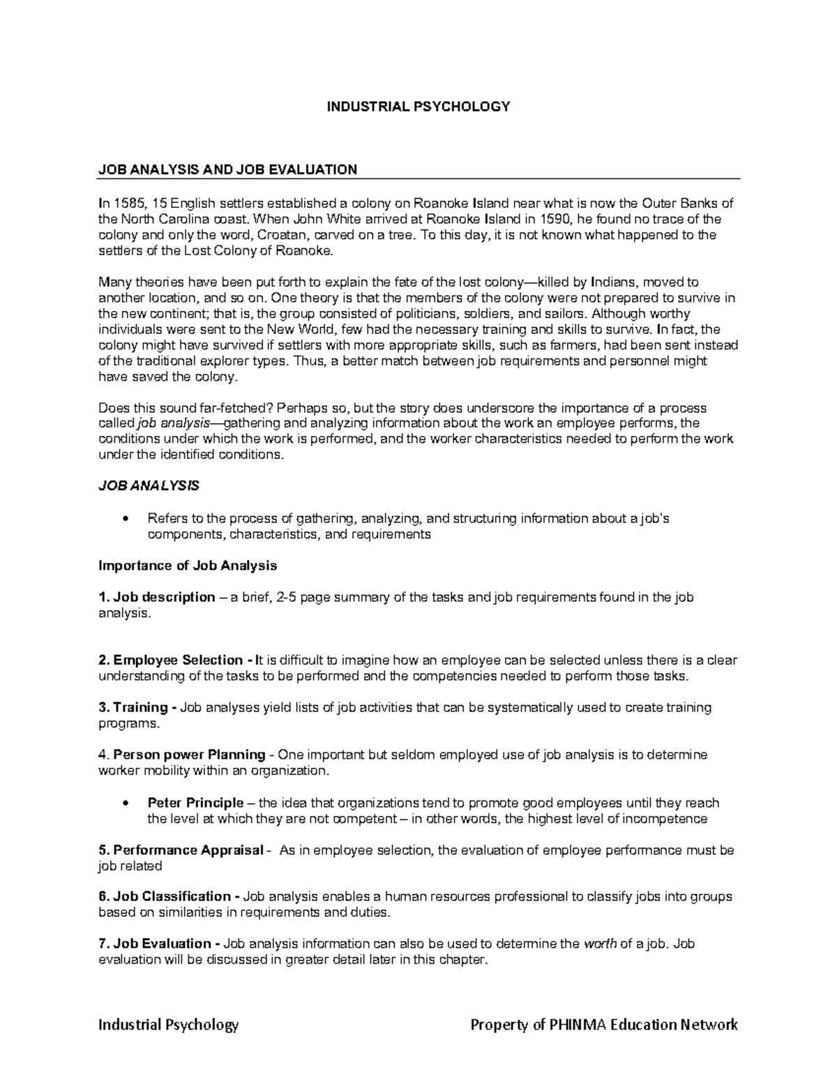 IO-Psychology-Handout - INDUSTRIAL PSYCHOLOGY JOB ANALYSIS AND JOB ...