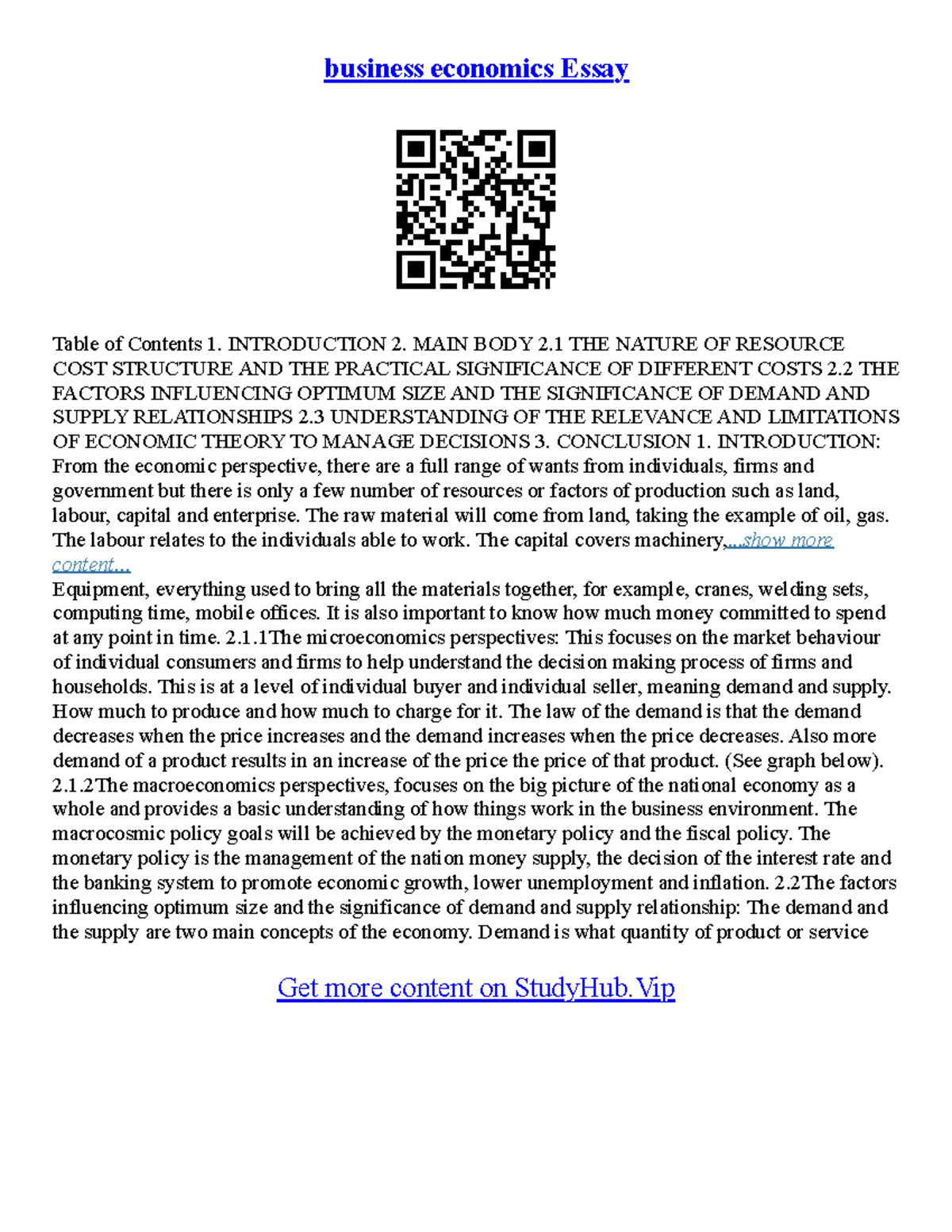 Economics Essays - business economics Essay Table of Contents 1 ...