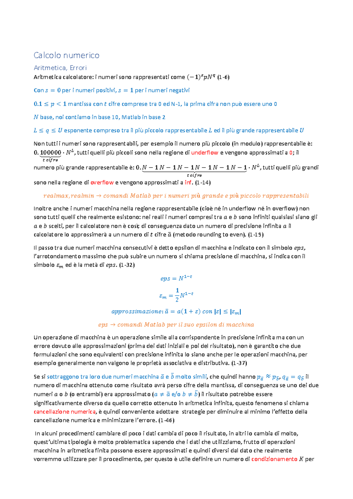 Calcolo numerico riassunto - Calcolo numerico Aritmetica, Errori Aritmetica calcolatore: i ...