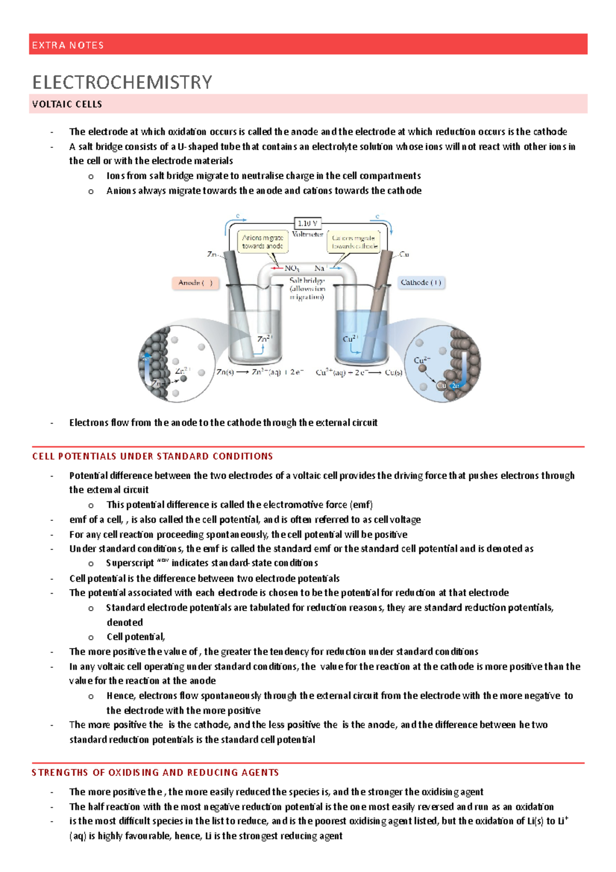 Extra Notes - EXTRA NOTES ELECTROCHEMISTRY VOLTAIC CELLS The electrode ...