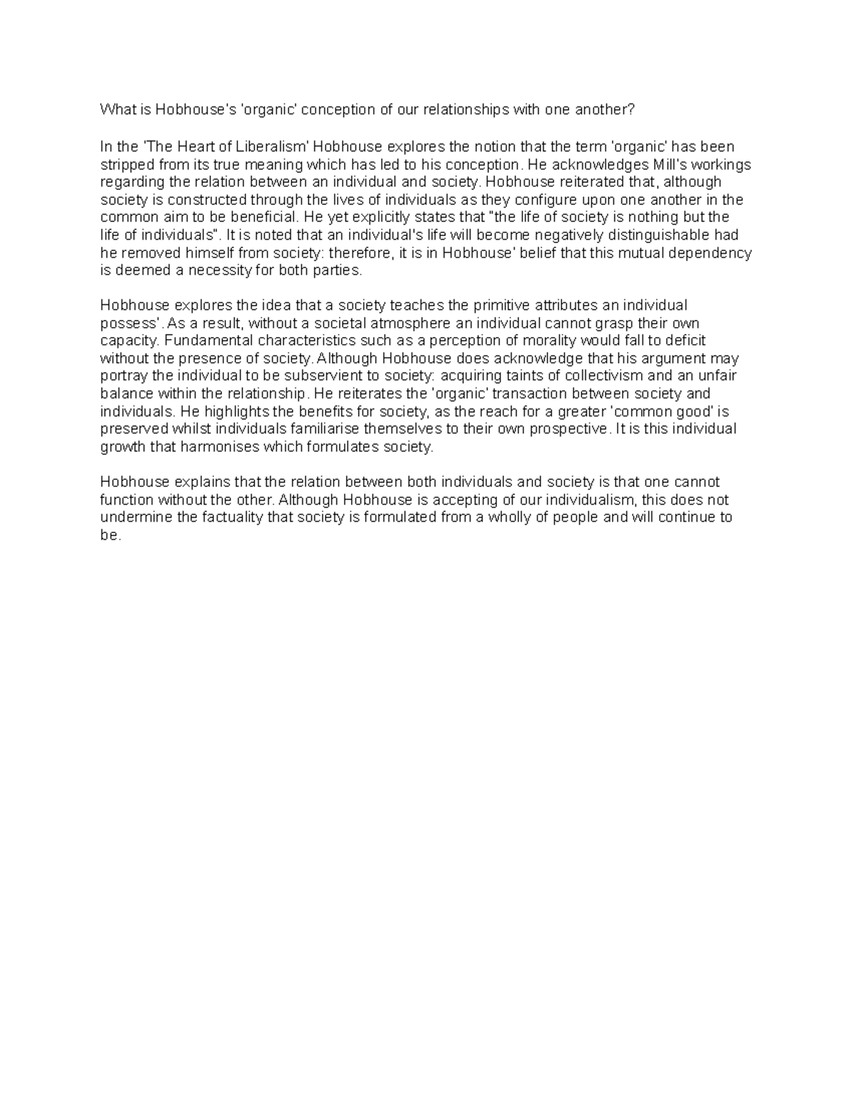 Hobhouse TASK - practice materials - What is Hobhouse’s ‘organic ...