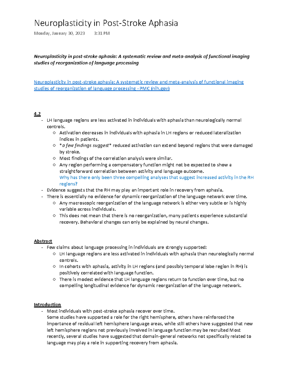 Neuroplasticity in Post-Stroke Aphasia - LH language regions are less ...