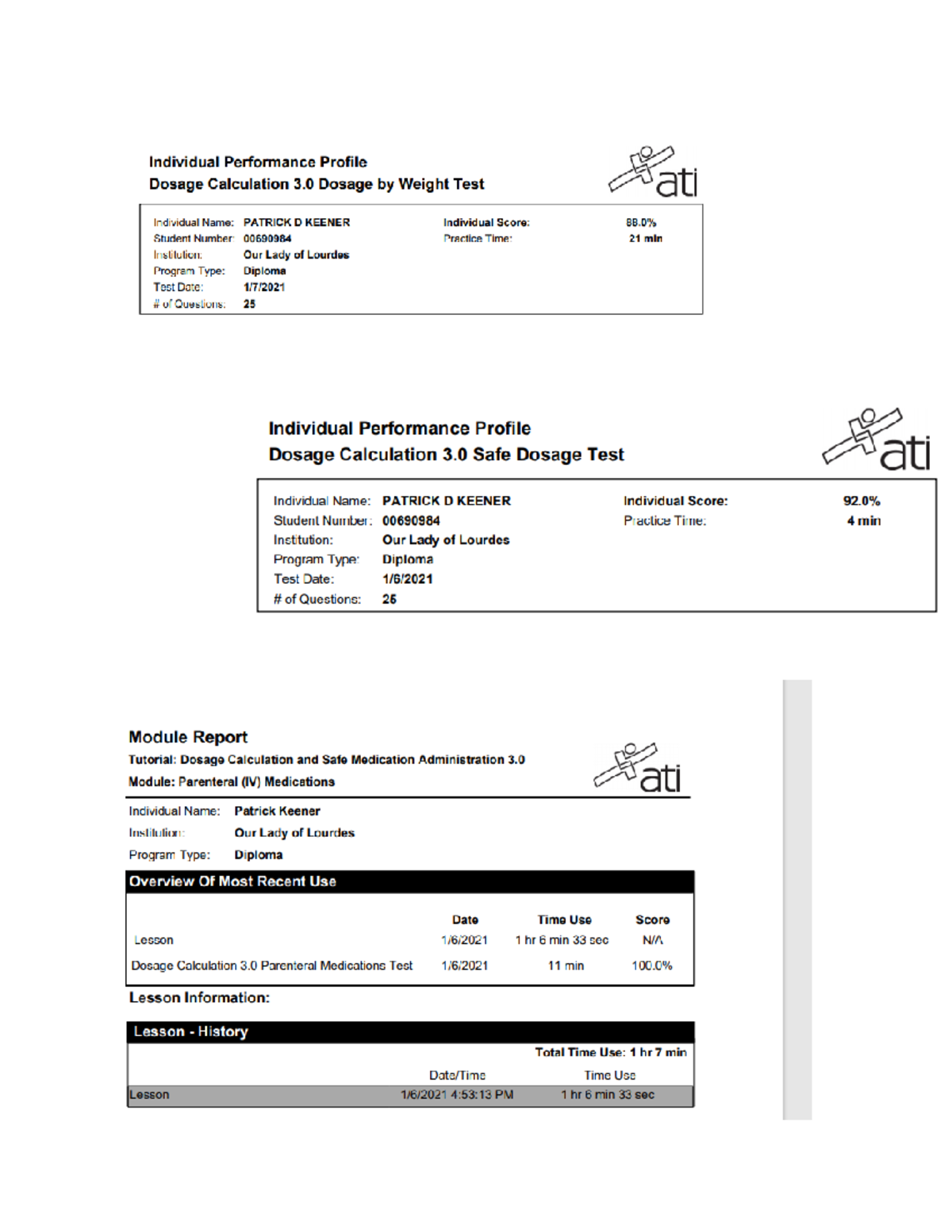 Keener Patrick ATI Math Dosage Calculation Scores - NUR-102-01 - Studocu