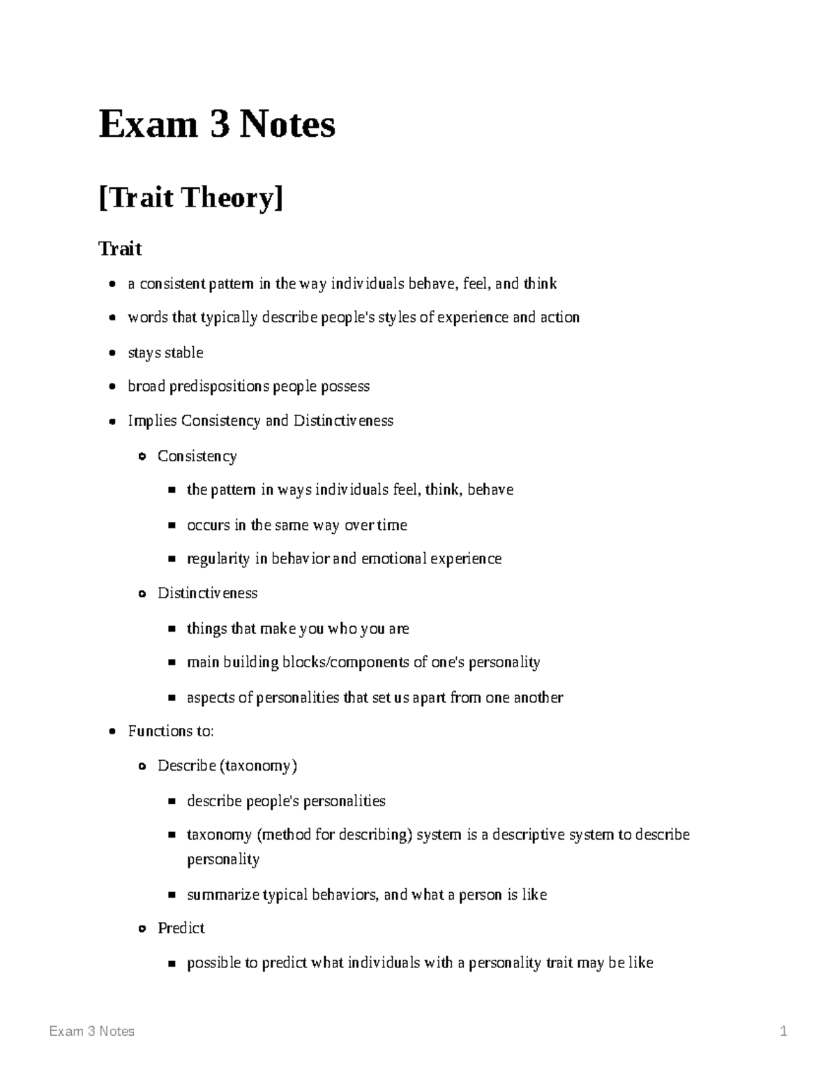 Exam 3 Notes Trait Theory Exam 3 Notes Trait Theory Trait A Consistent Pattern In The Way