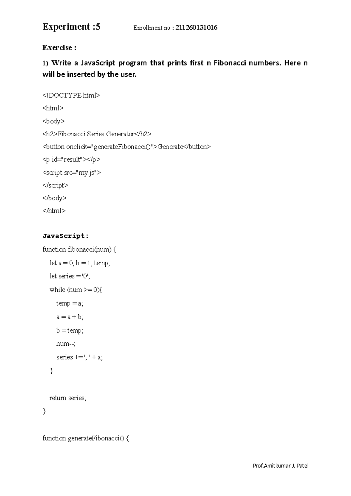 Exp 5 Wp Practical Exercise 1 Write A Javascript Program That Prints First N Fibonacci 4196