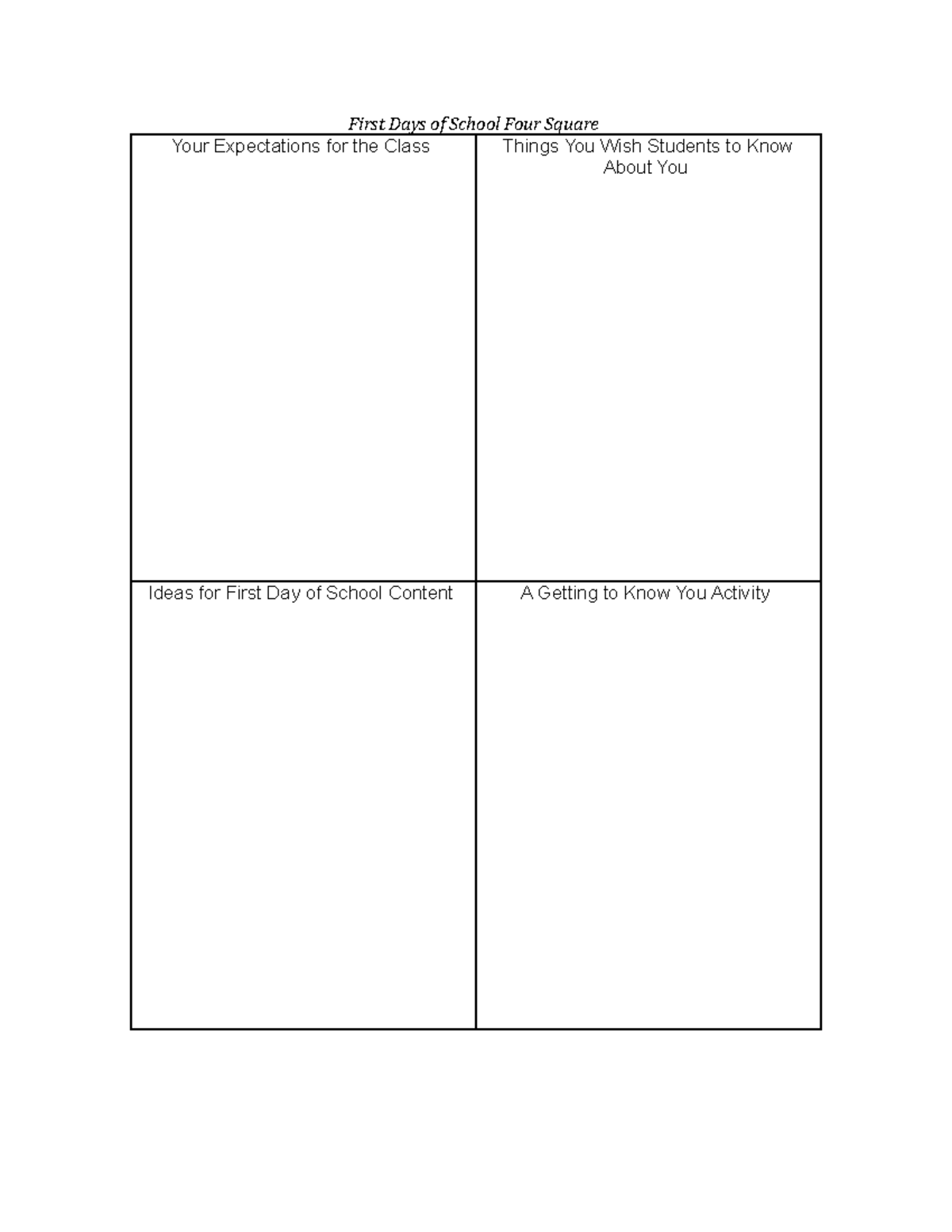 First Days of School Four Square - 10 Things You Want Students to Know ...