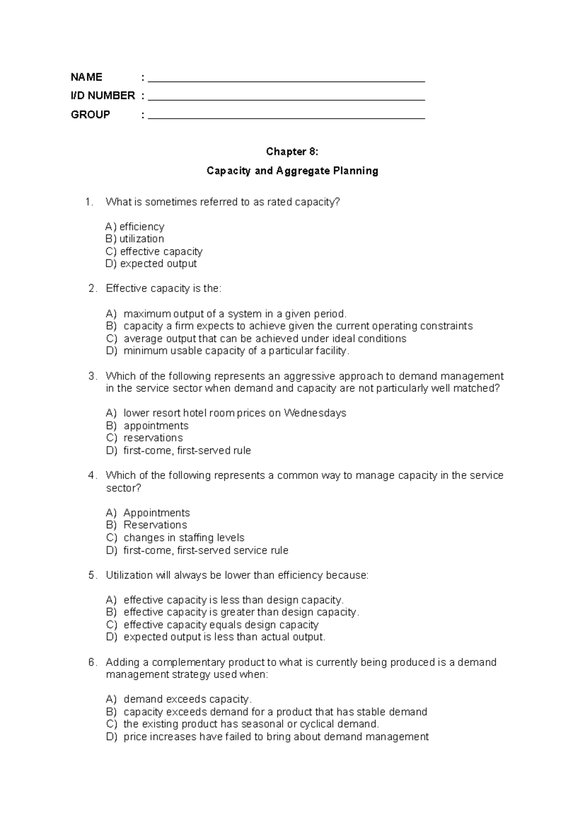 Exercise Chapter 8-Capacity and Aggregate Planning SS2024 - NAME : I/D ...