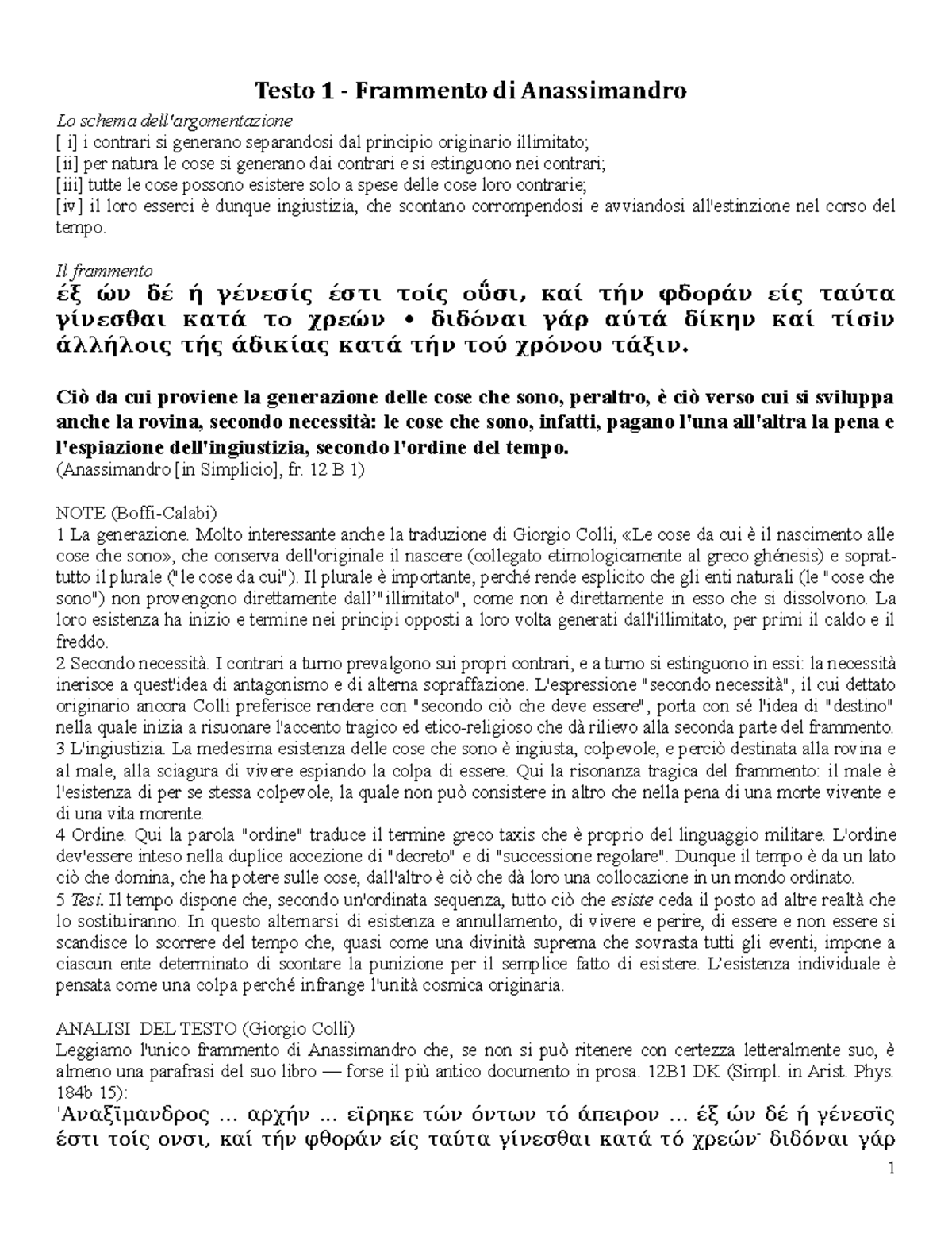 Frammento DI Anassimandro - Testo 1 - Frammento di Anassimandro Lo ...
