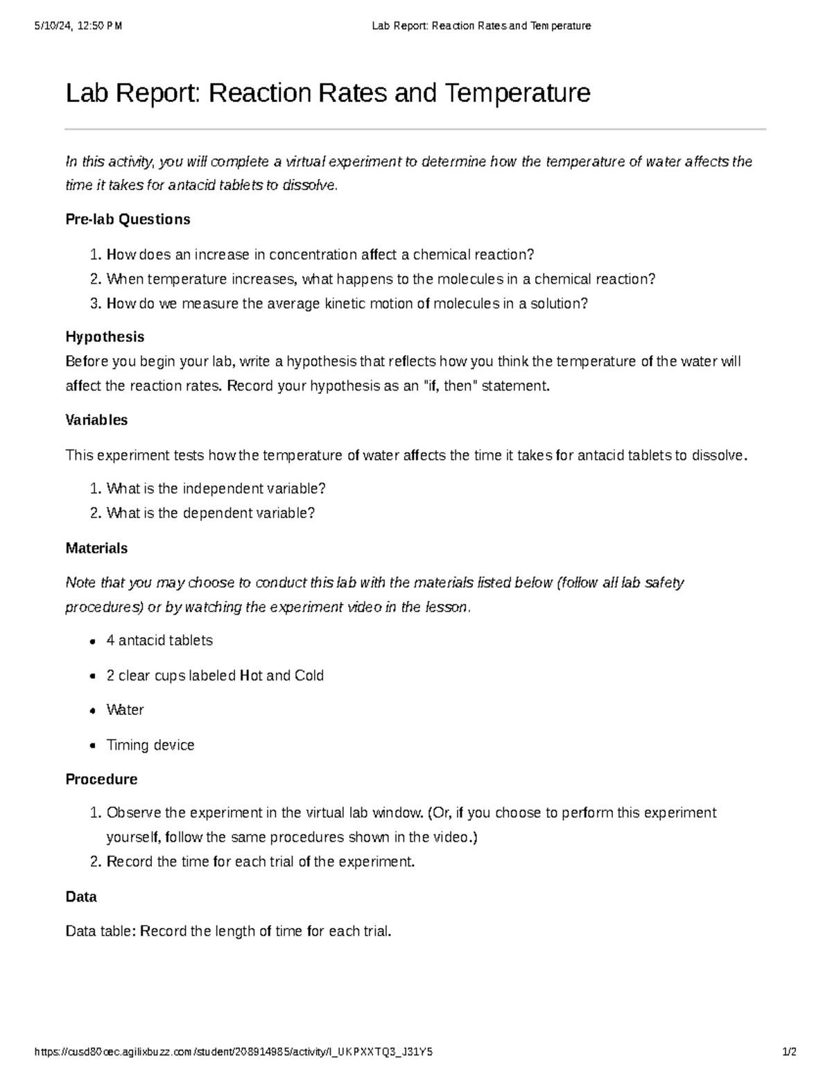 6.04 LAB - lift lab - 5/10/24, 12:50 PM Lab Report: Reaction Rates and ...