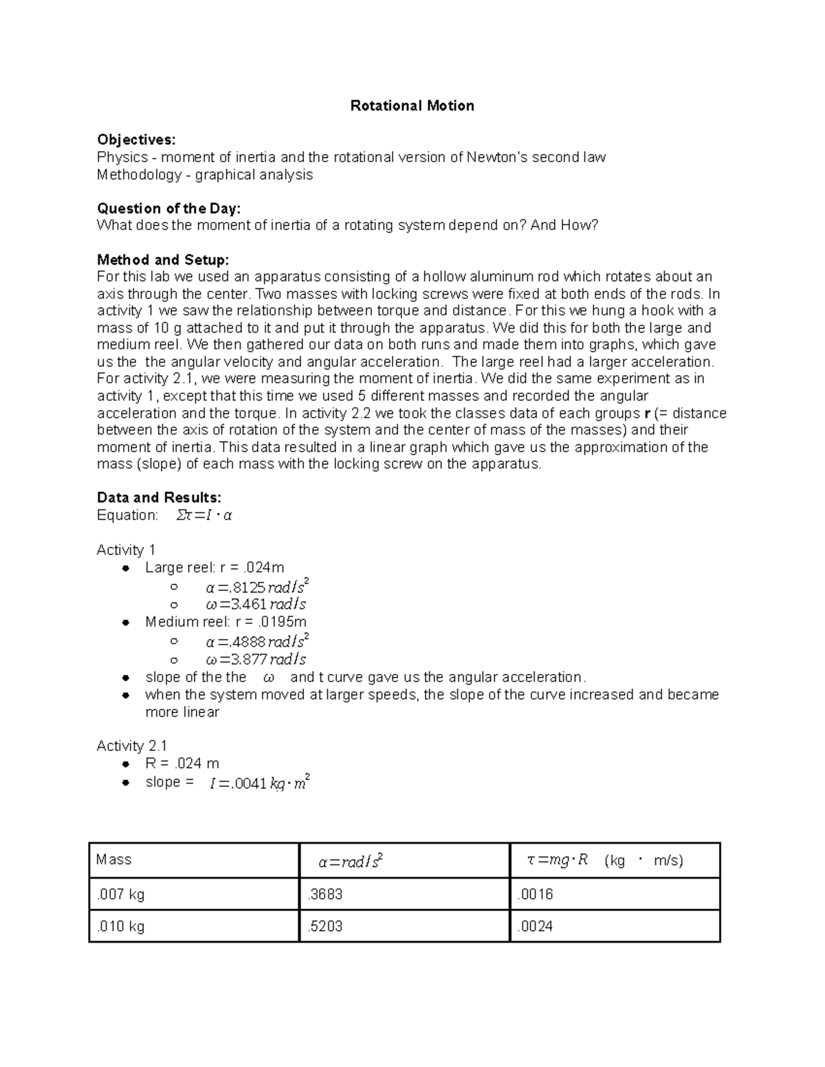 Physics 111 - Lab Report 9 - Rotational Motion Objectives: Physics ...