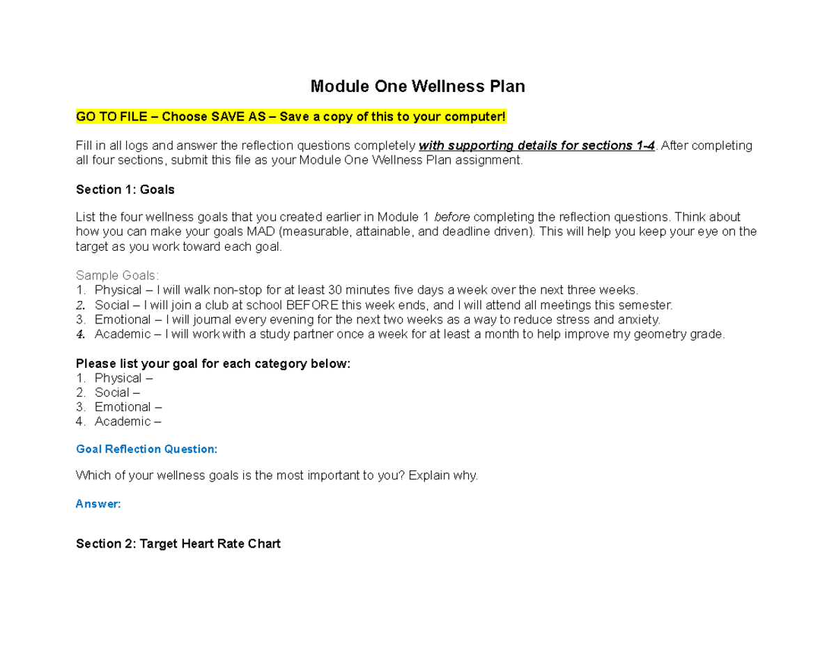 Module one wellness plan for hope - Module One Wellness Plan GO TO FILE ...