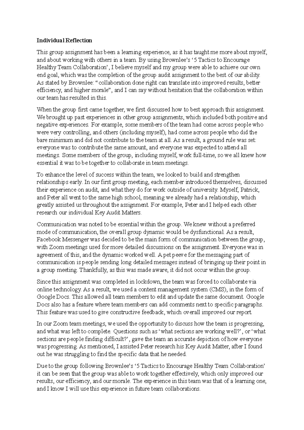 ACCG3040 - Group Assignment (Individual Reflection) - Individual ...