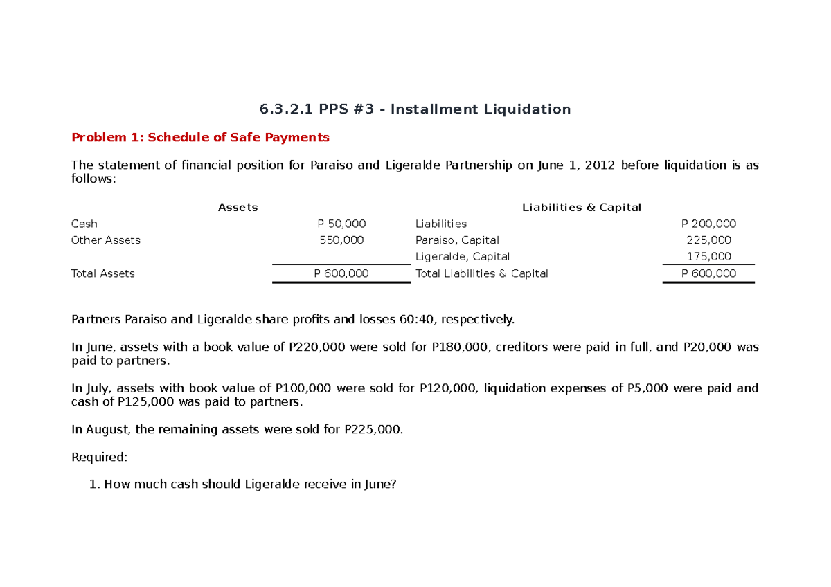Installment Liquidation - 6.3.2 PPS #3 - Installment Liquidation Problem 1: Schedule of Safe ...
