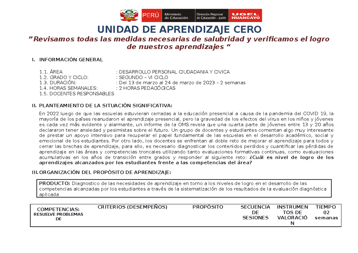 Modelo Unidad CERO DPCC 2023 - UNIDAD DE APRENDIZAJE CERO ” Revisamos todas las medidas ...