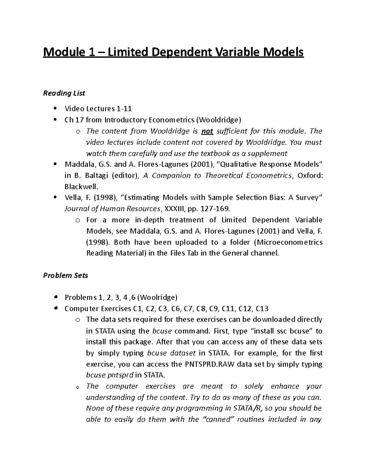 Microeconometrics Problem Sets and Reading List - Module 1 – Limited ...