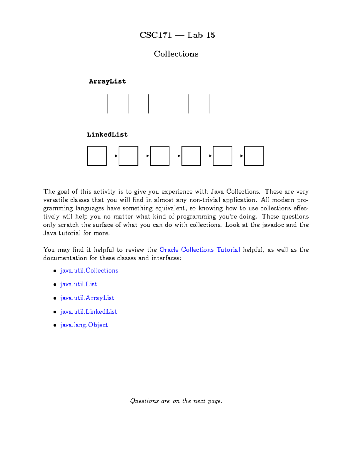 CSC171 Lab 15 - Adam Purtee - CSC171 — Lab 15 Collections The goal of this activity is to give ...