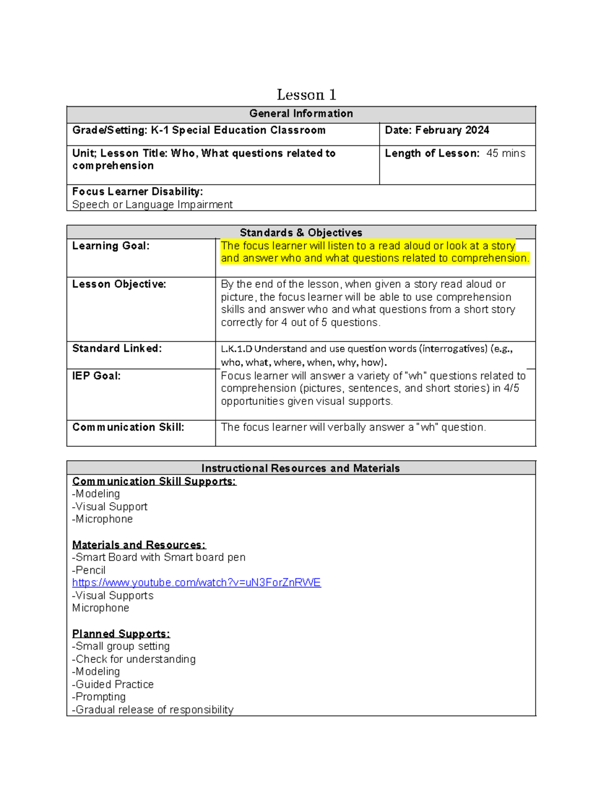 Lesson Plans Edtpa - Lesson 1 General Information Grade/Setting: K-1 ...